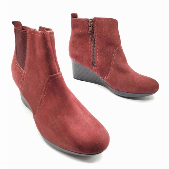 Clarks | Shoes | Clarks Collection Burgundy Suede Wedge Boot Side Zip ...